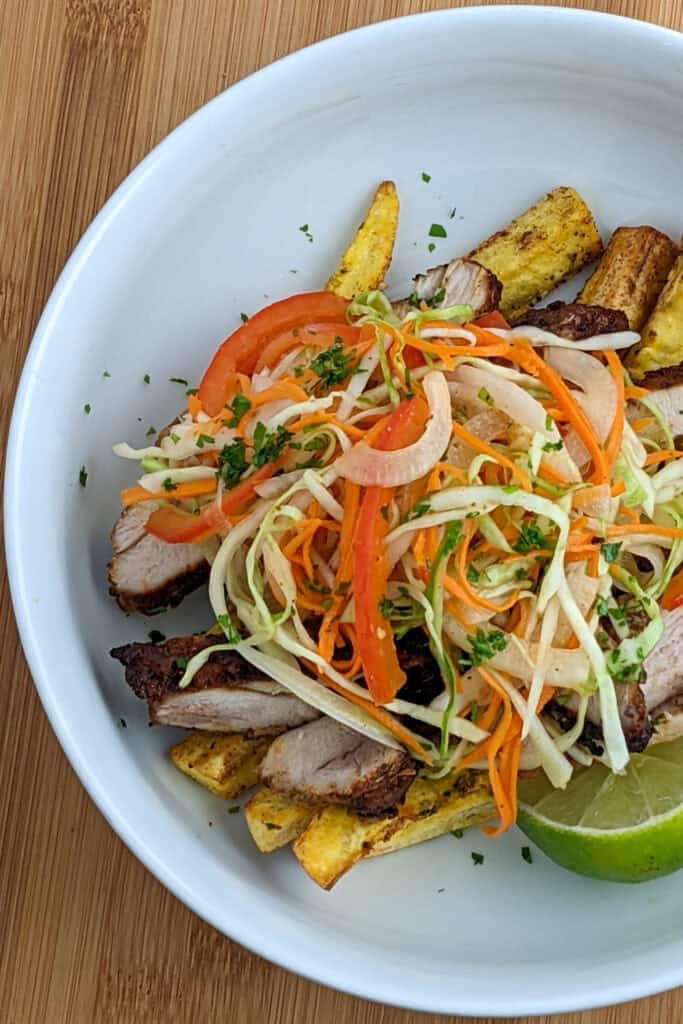 Air Fryer Chicken Thighs, Loaded Plantain Fries and Pepper Slaw - Just ...