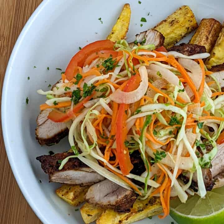 Air Fryer Chicken Thighs, Loaded Plantain Fries and Pepper Slaw - Just ...
