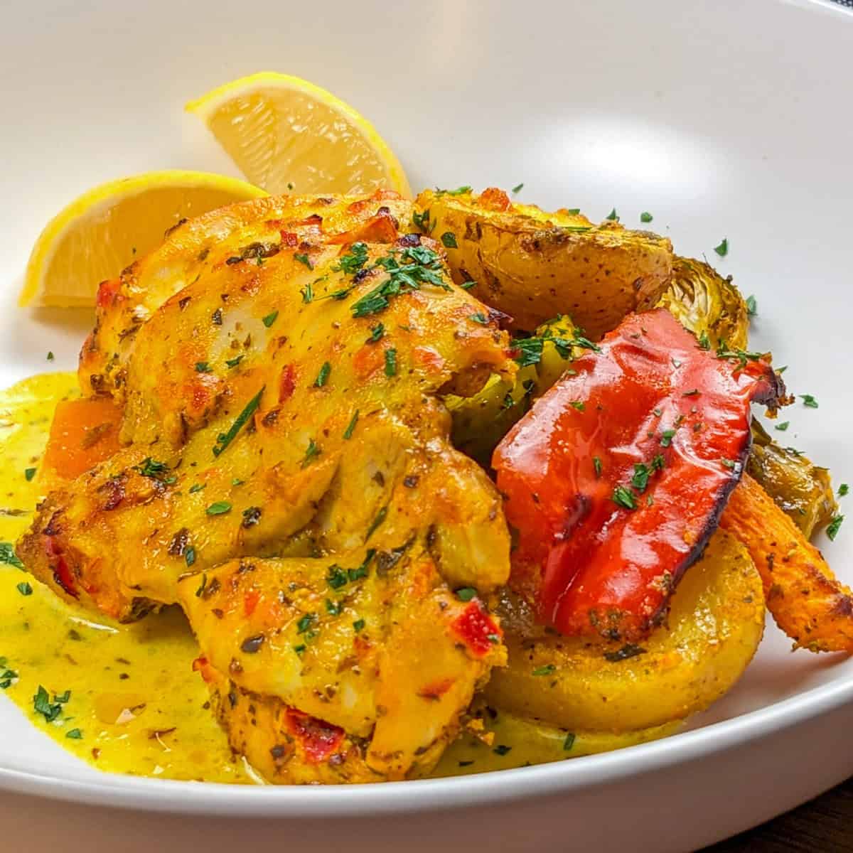 Calabrian Lemon Yogurt Baked Chicken Thighs with Vegetables - Just ...