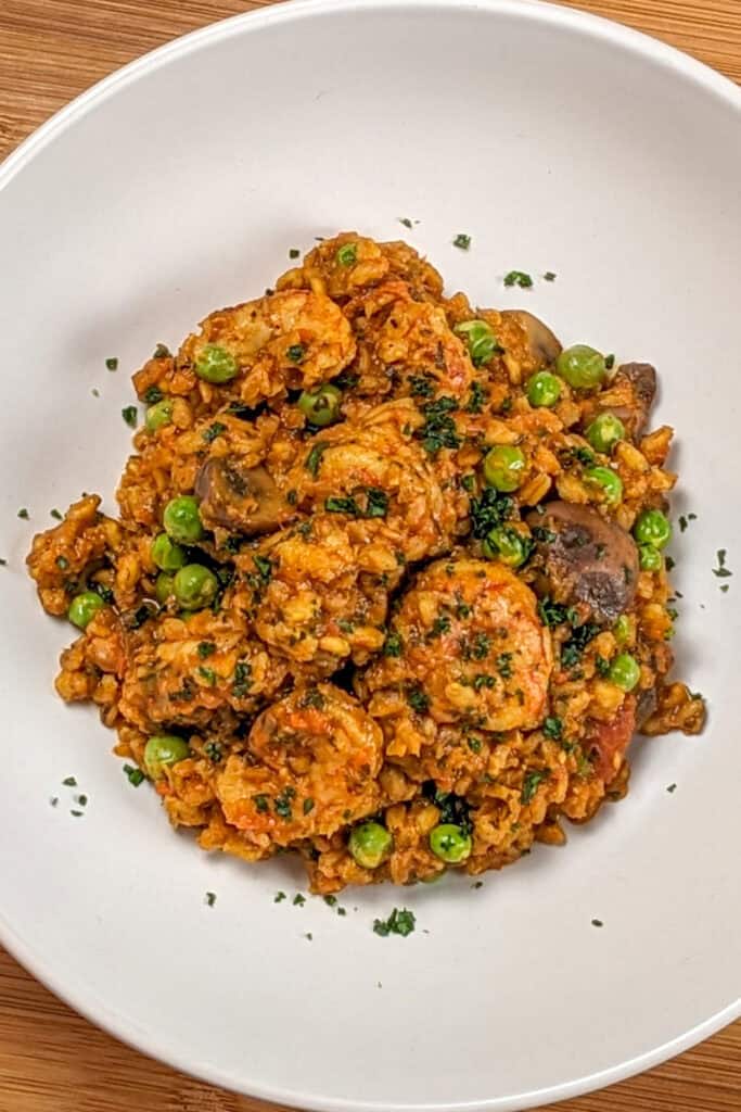 Spicy Shrimp Farro Risotto with Mushrooms and Peas - Just Maika Cooking