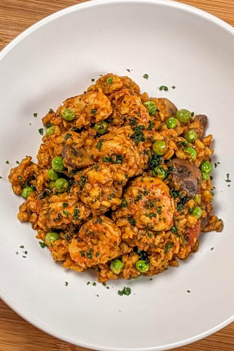 Spicy Shrimp Farro Risotto with Mushrooms and Peas - Just Maika Cooking