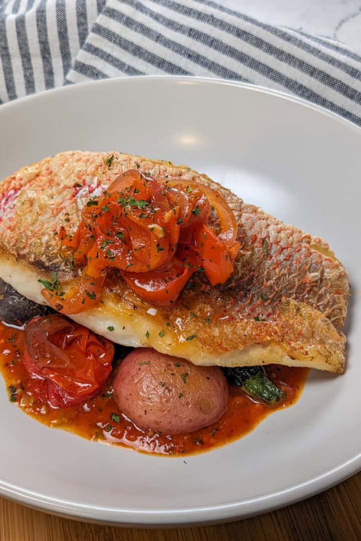 Seared Snapper Spicy Creole Sauce and Roasted Vegetables - Just Maika ...