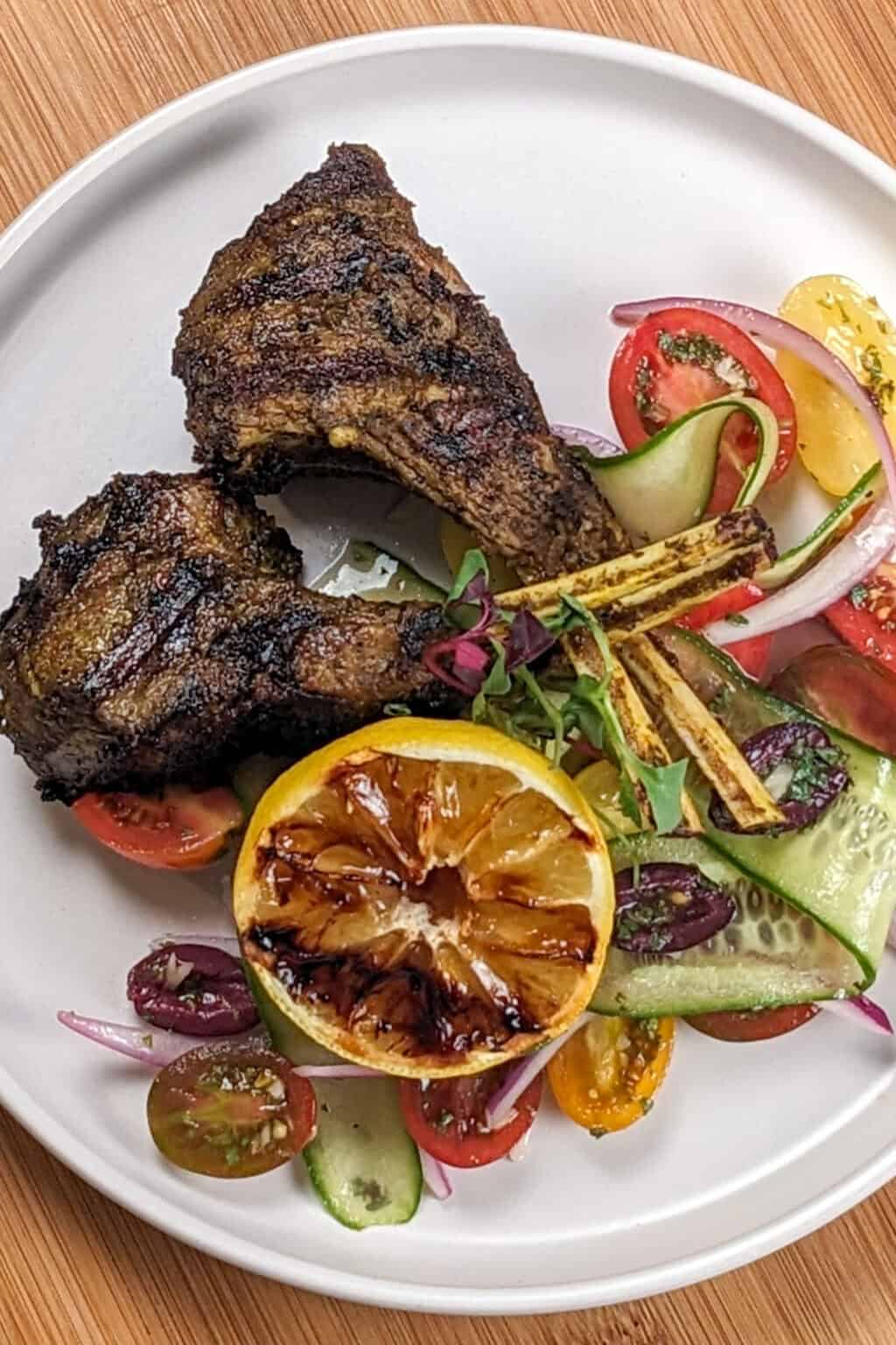 Grilled Zhug Ras El Hanout Lamb Chops and Tomato Salad - Just Maika Cooking